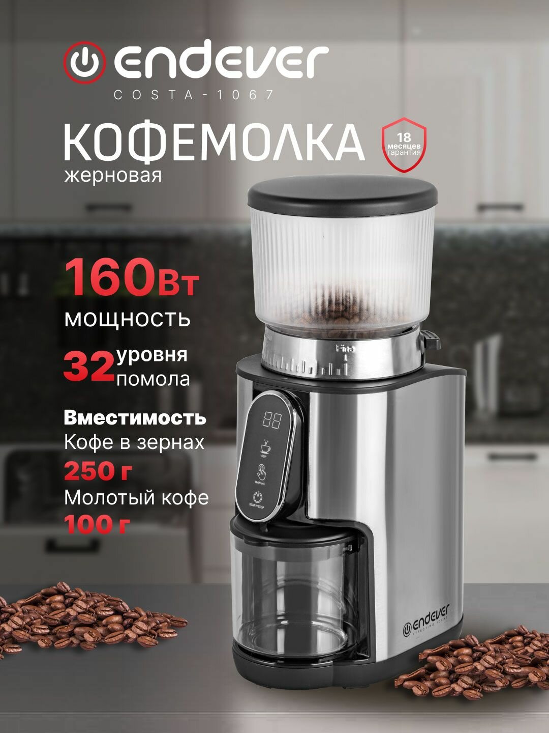 ENDEVER Кофемолка электрическая жернова из стали для кофе и специй 250 г / 160 Вт Costa-1067