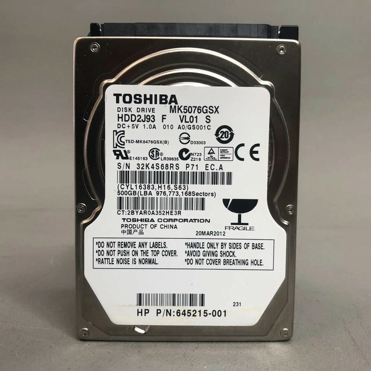Жесткий диск Toshiba MK5076GSX, 500Гб, для ноутбука, форм-фактор 2,5", SATA3, серый