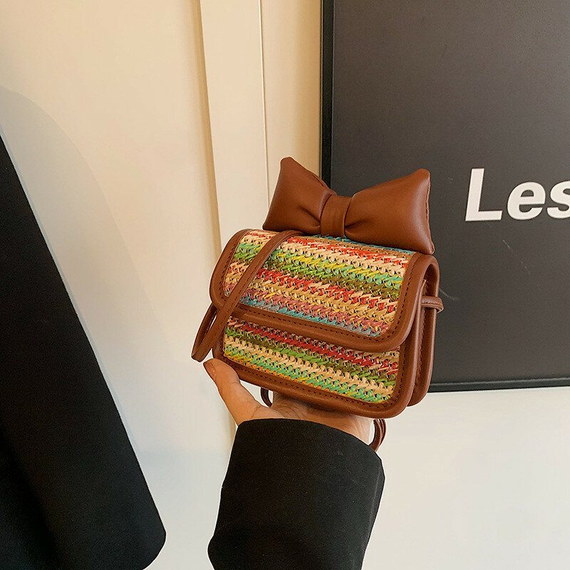 Стильная вязаная сумка в полоску с зеленым бантом для мужчин и женщин