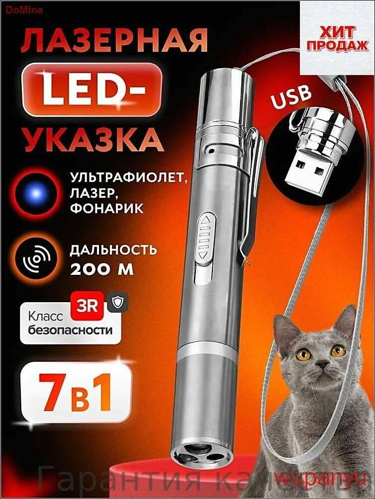 Лазерная указка 7в1, игрушка-дразнилка для кошки со светодиодным фонариком и ультрафиолетом. Ручной фонарь со встроенной зарядкой USB. Мощный лазер для собак/животных, серебристый