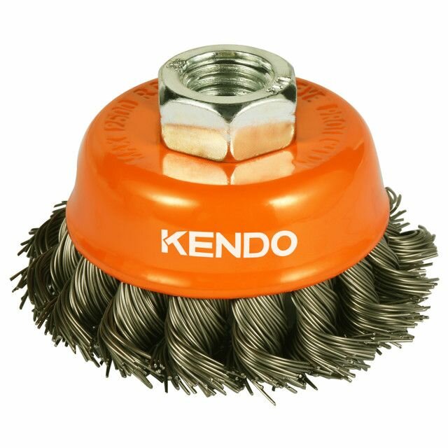 Корщетка для УШМ KENDO 65мм чашеобразная витая сталь, проволока 0.5мм, оранжевый, Китай