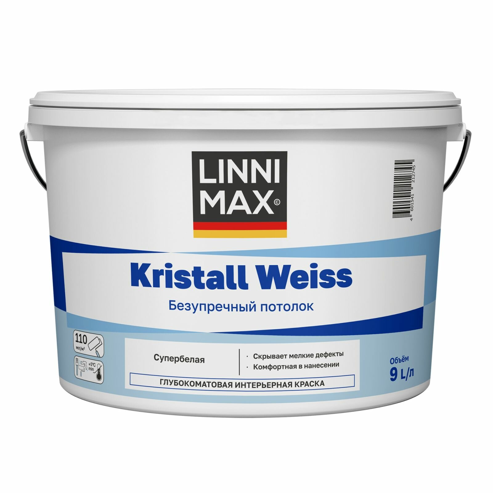 Краска Linnimax Kristall Weiss, безупречный потолок, интерьерная, белая, объем 9 л 700014662