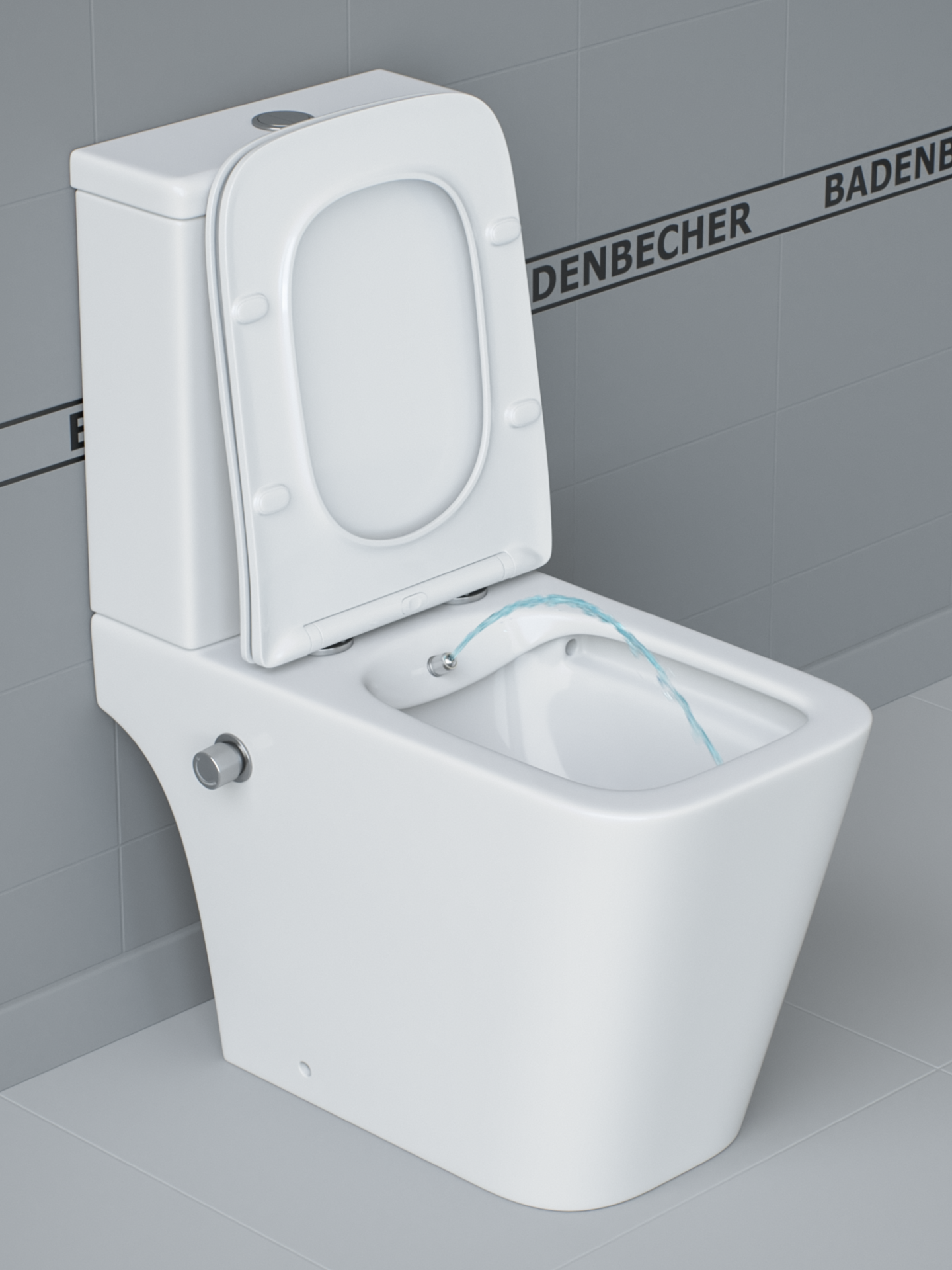 Безободковый напольный унитаз-компакт с функцией биде BADENBECHER 8621ABW, быстросьемное сиденье микролифт