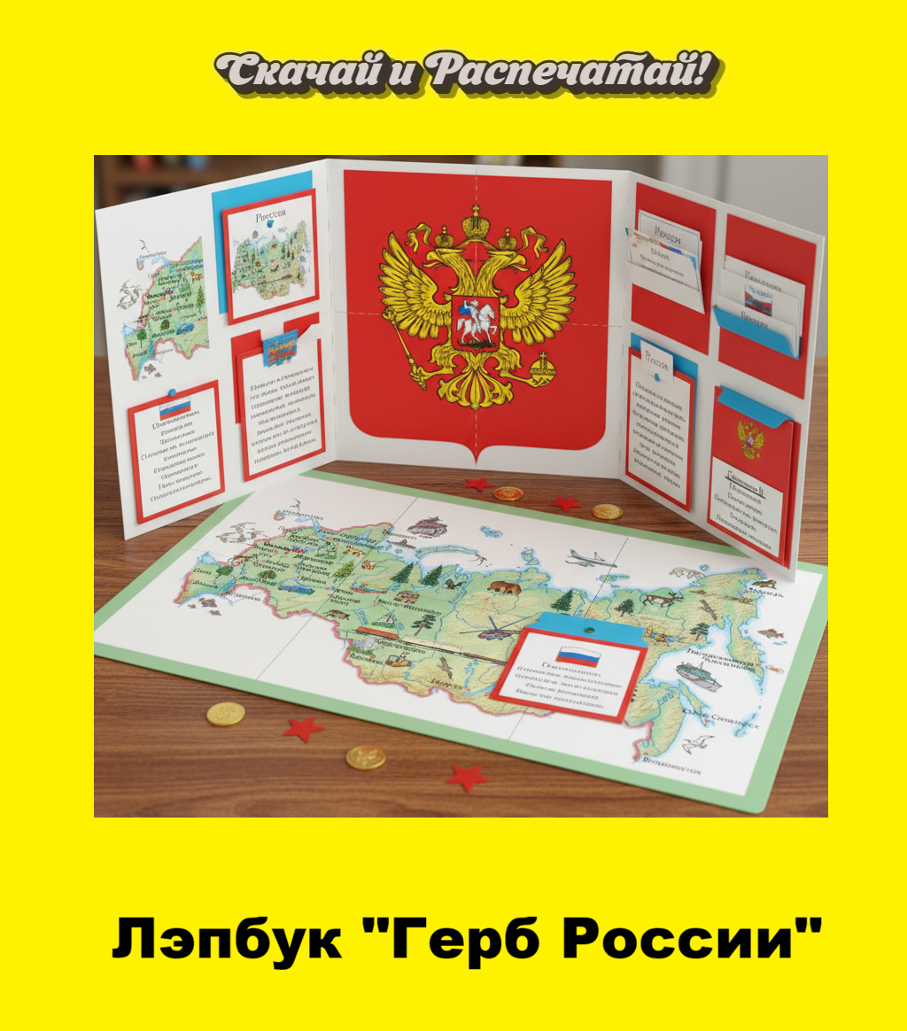 Лэпбук Герб России. Готовый шаблон, темы и картинки, патриотический, дидактическая игра для распечатки - скачать и распечатать материалы интерактивного лэпбука, папка для детей дошкольников, пошаговая инструкция