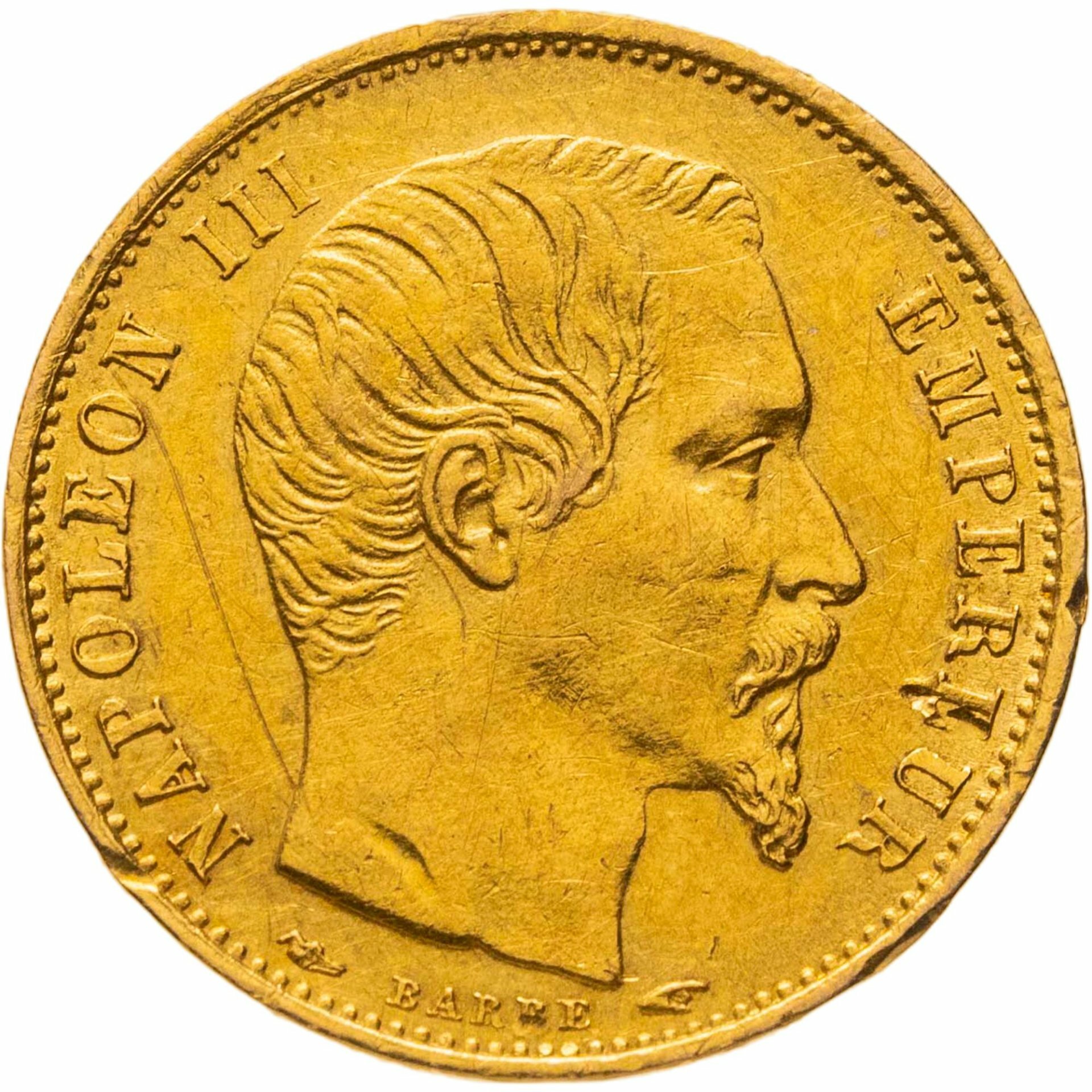 Франция 5 франков francs 1854 знак монетного двора: "A" - Париж, гурт гладкий, Золото 900, в сохранности XF
