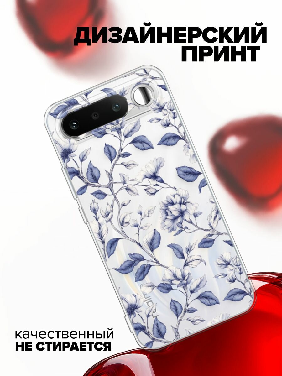 Силиконовый чехол на Realme 16 / Реалми 16 с принтом Винтажный узор с сииними цветочками — фото 1
