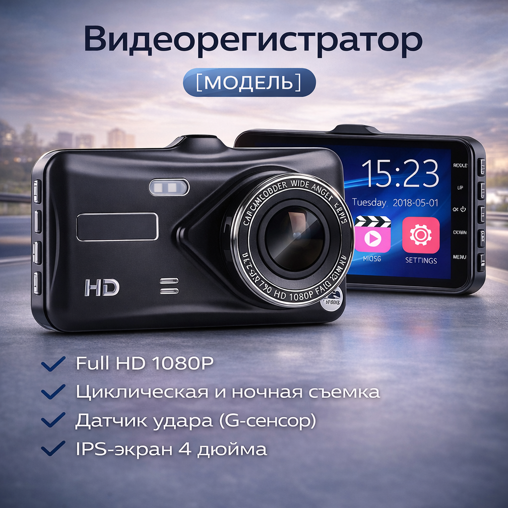 Автомобильный видеорегистратор Full HD 1080P с экраном 4 дюйма черный