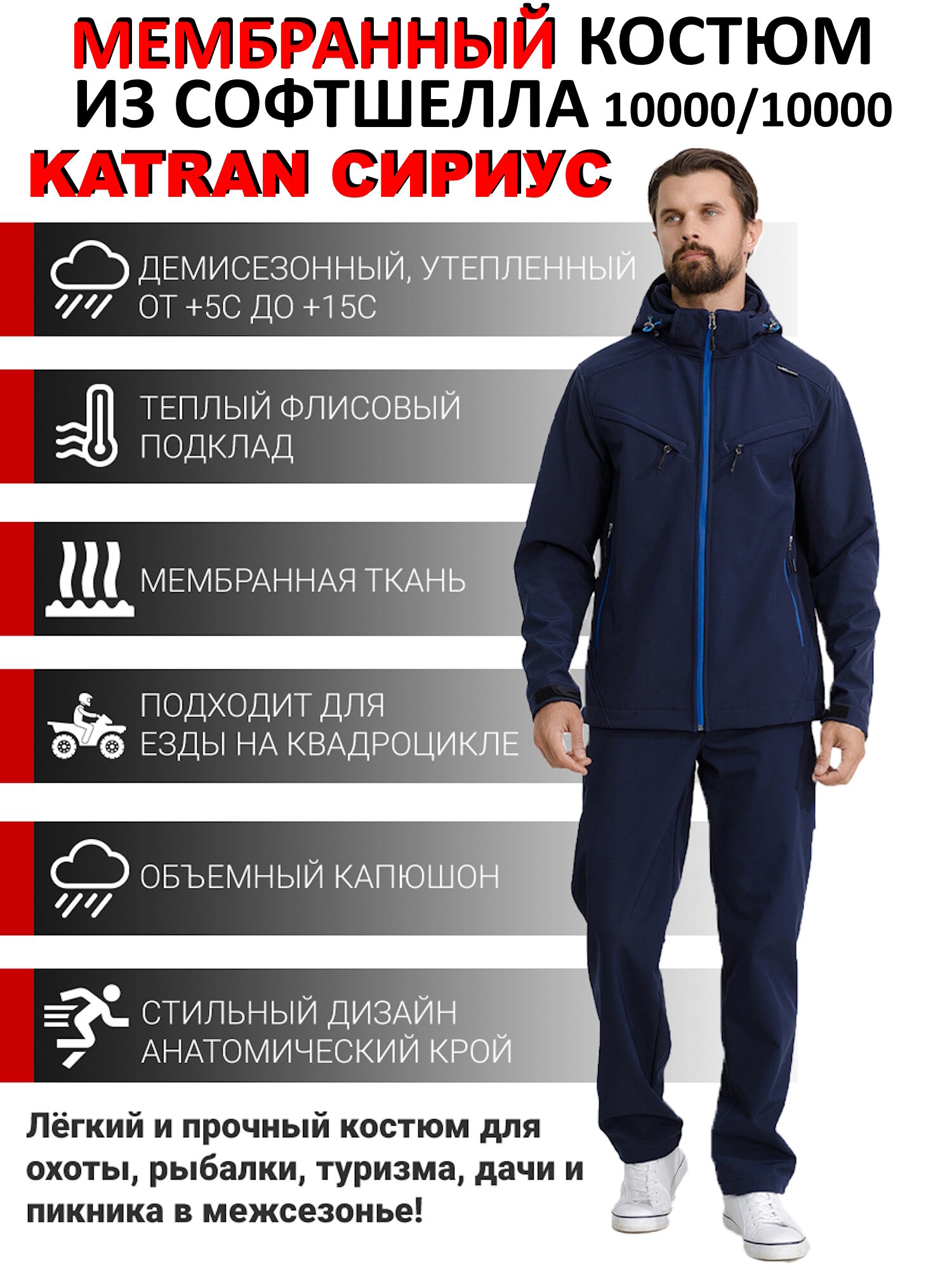 Костюм мембранный для рыбалки и охоты демисезонный KATRAN сириус +5°C (СофтШелл, темно-синий), Размер: 48 Рост: 182-188