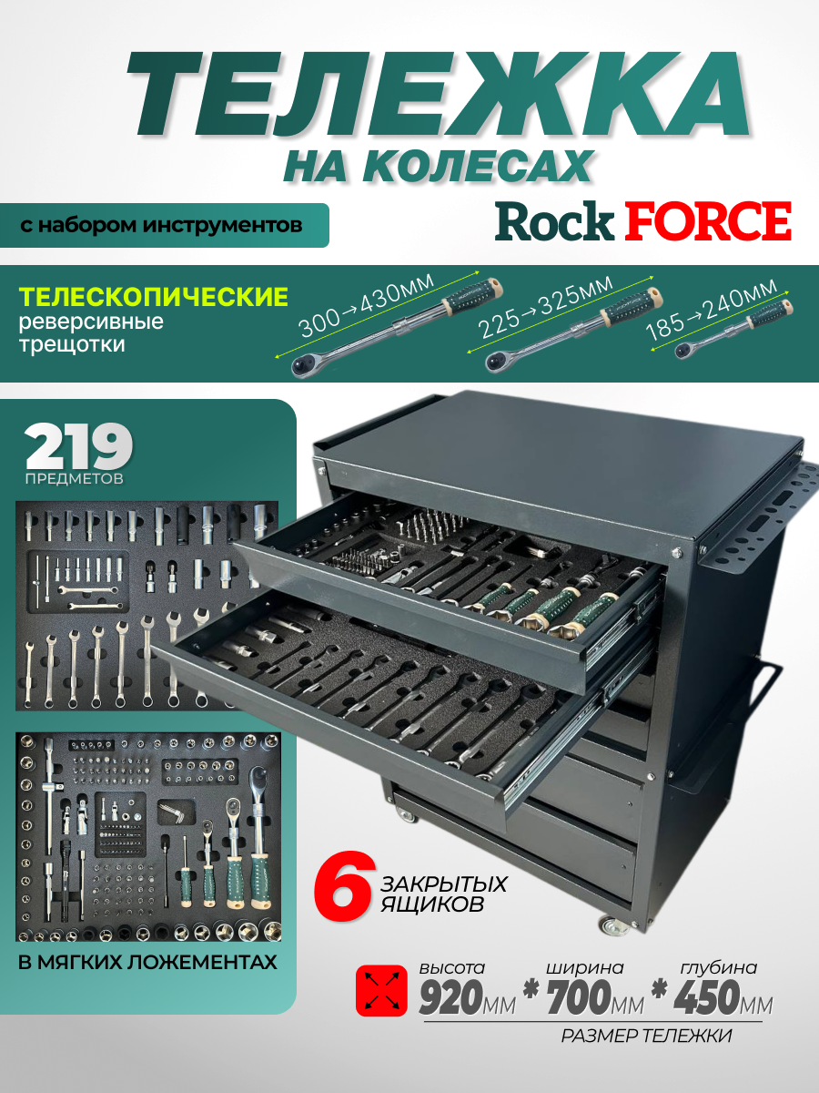 Тележка инструментальная с набором инструментов Rock Force 219 пр. и телескопическими трещотками