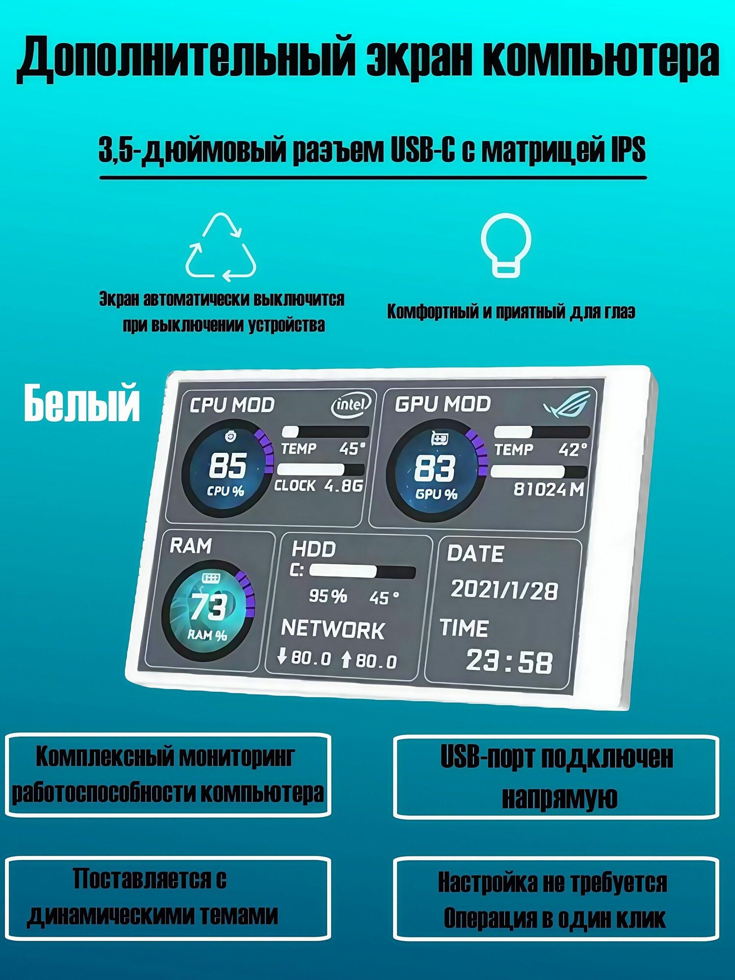 Эксклюзивный монитор TURZX 3.5 IPS для отслеживания температуры CPU, Ram, HDD