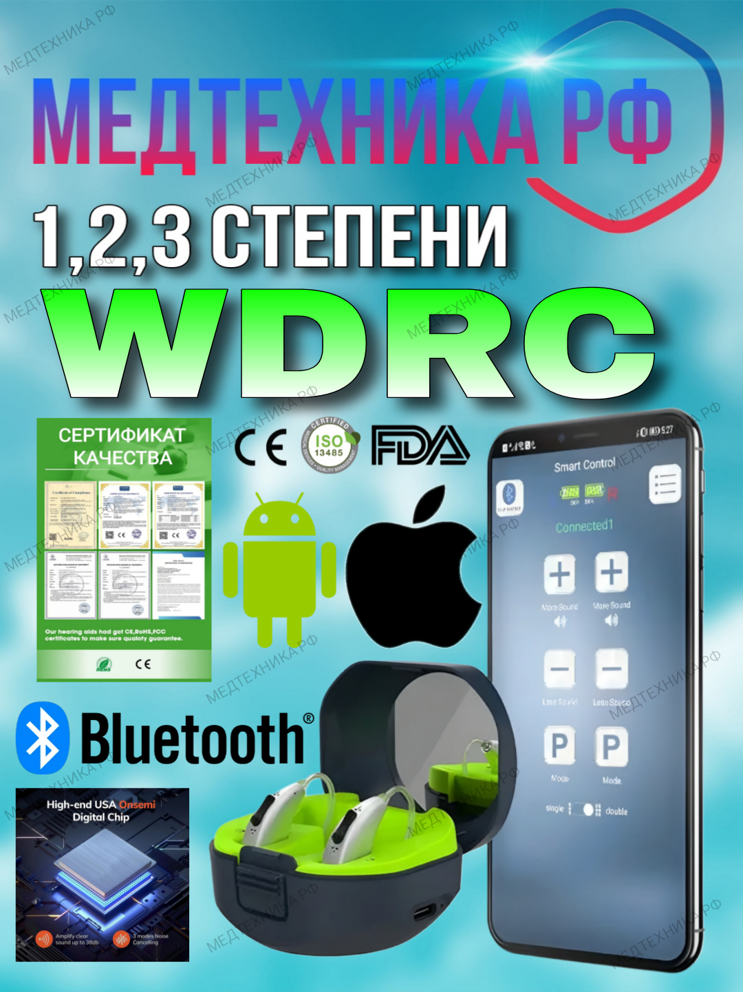 Слуховой аппарат цифровой WDRC с зарядным кейсом блютуз для первой второй и третьей степени тугоухости мощный качественный производитель Германия