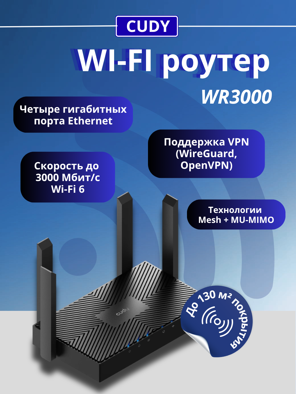Маршрутизатор Wi-Fi 6 Cudy WR3000, AX3000, 4 LAN 10/100/1000 Мбит/с, Mesh