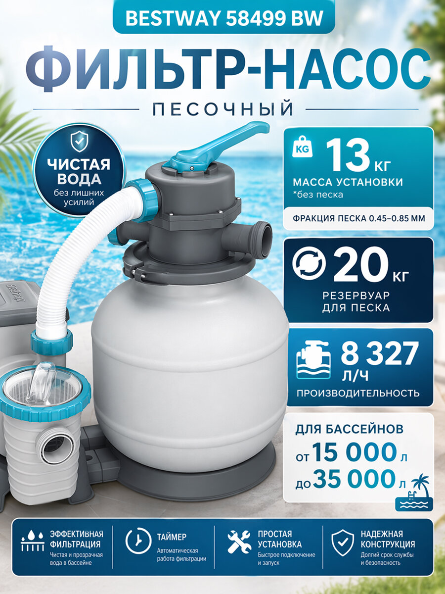 Песочный фильтр Bestway 58499BW, для бассейнов Bestway/Intex, электрический, 8327 л/ч
