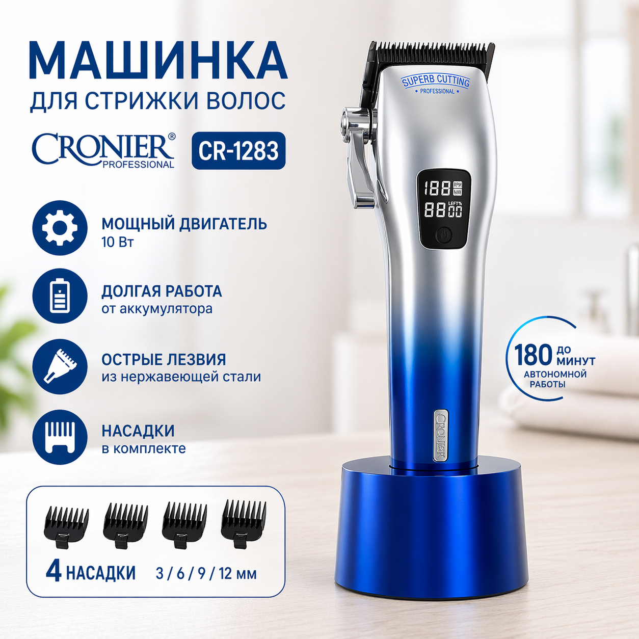 Машинка для стрижки волос ElectroD профессиональная аккумуляторная с дисплеем и насадками