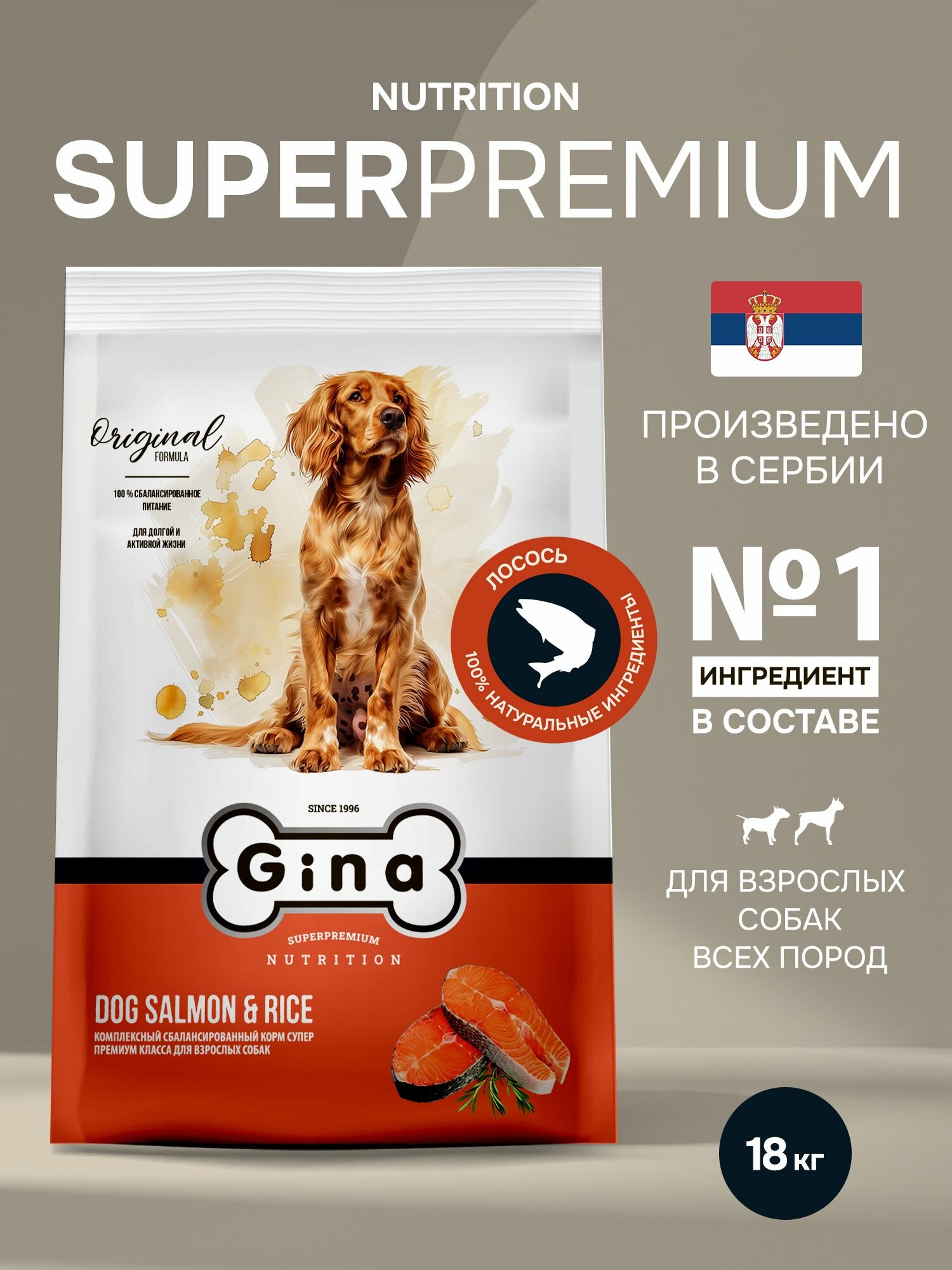 Сухой корм для собак Gina с лососем, супер премиум, для умеренно активных, 18кг, Dog Salmon & Rice