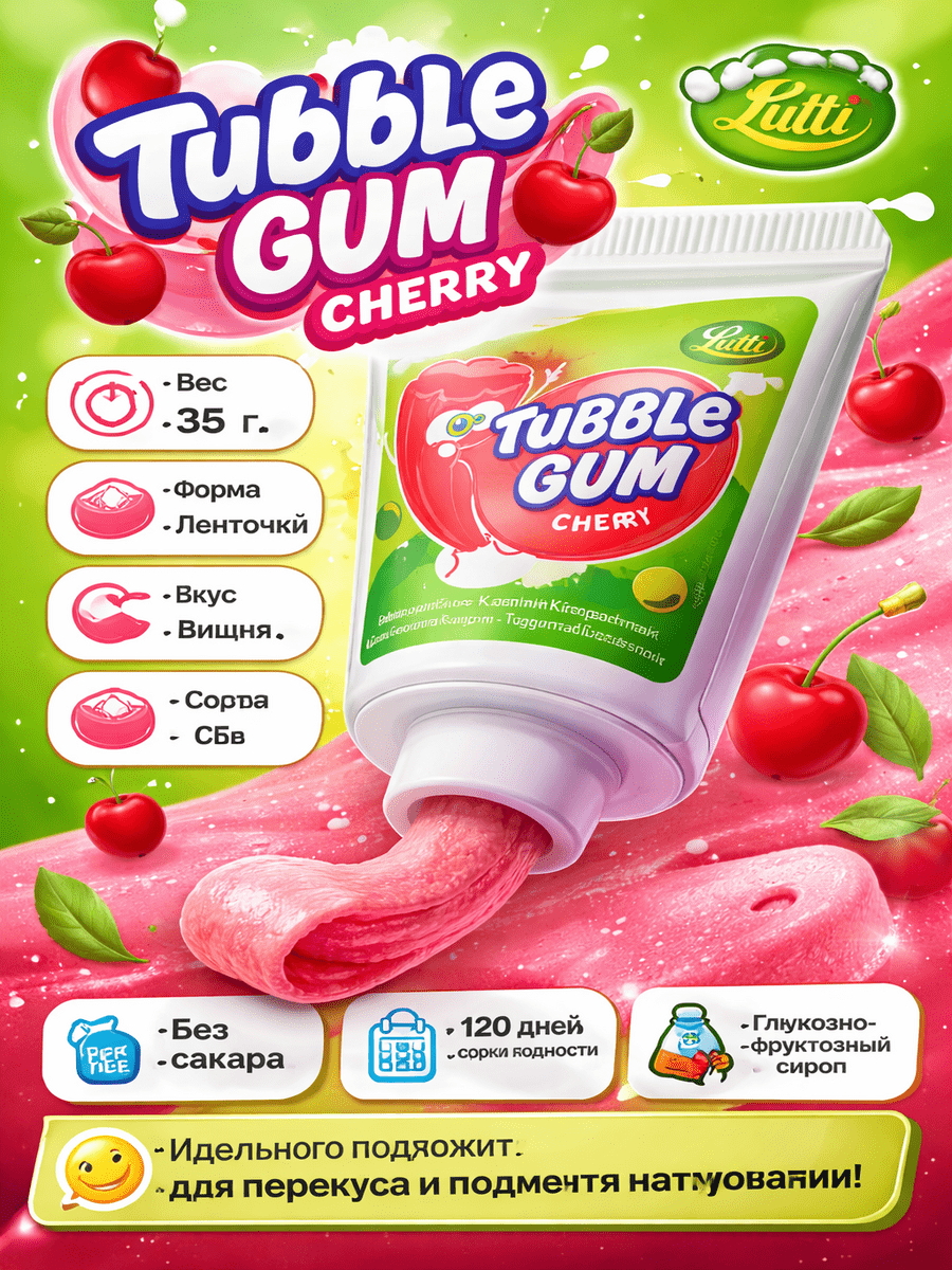 Жевательная резинка Lutti Tubble Gum Cherry, 35г
