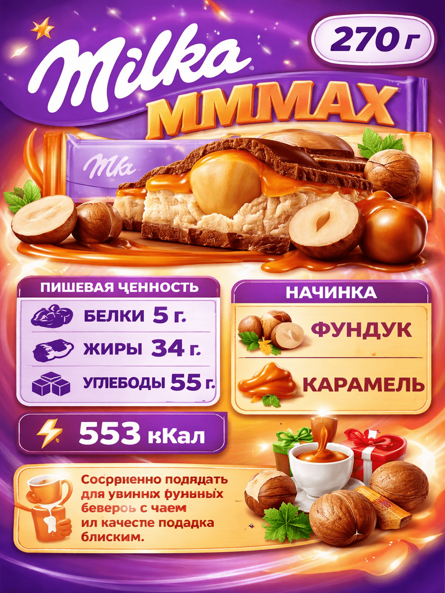 Шоколад Milka Mmmax молочный с цельным фундуком и карамелью, 270г