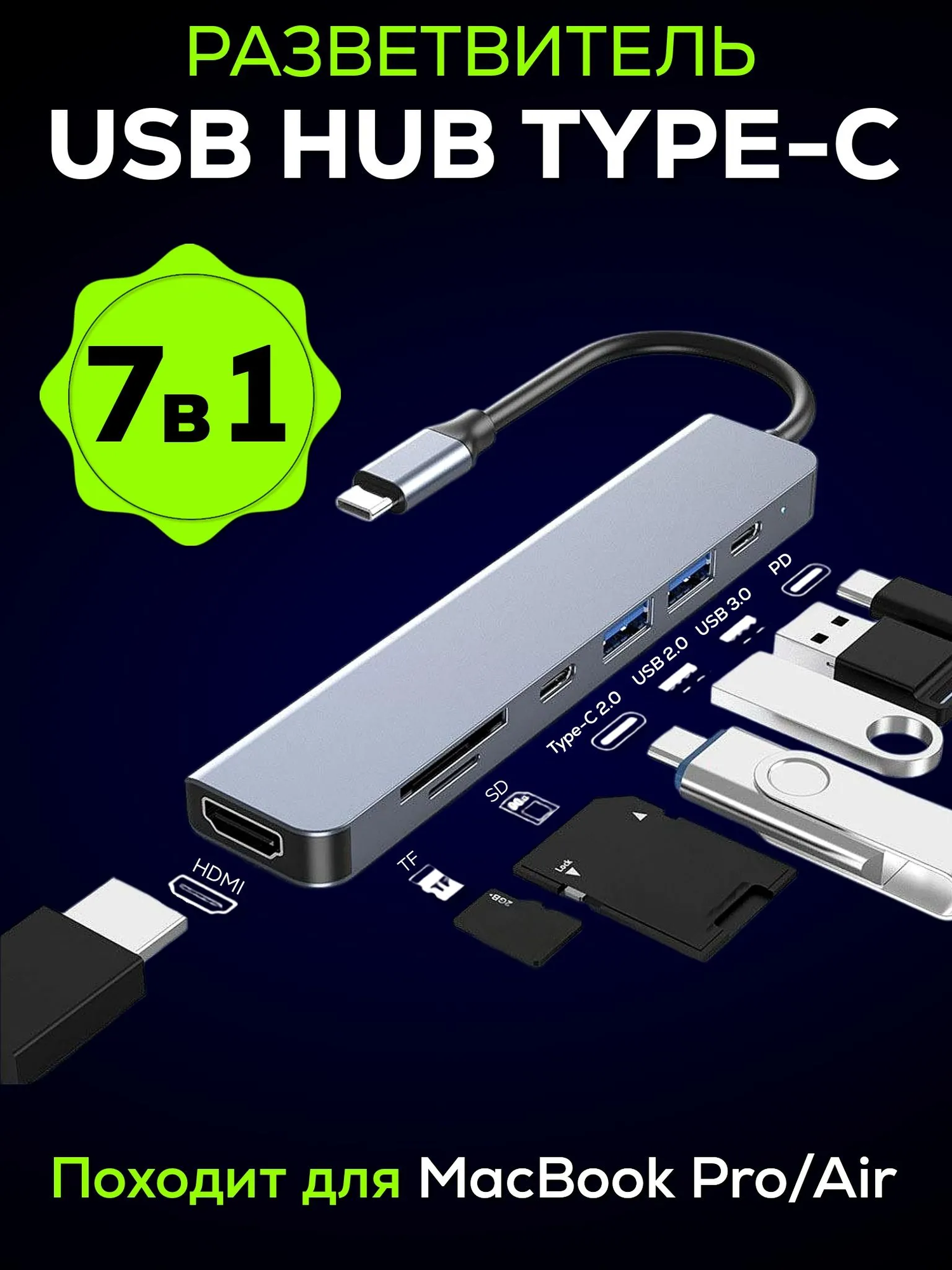 Usb-с HUB HDMI 4K60Hz NVME SSD USB-A 3.0 USB-C 3.0 TF-SD RJ45 100W разветвитель 7в1