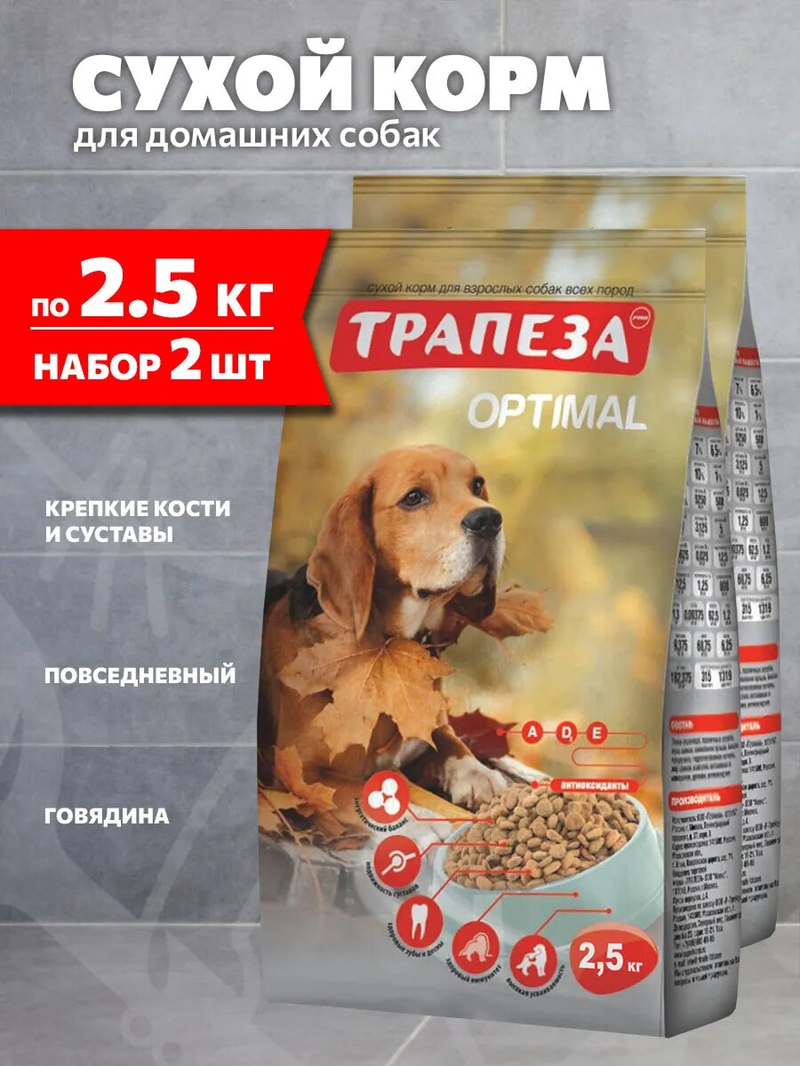 Корм сухой Трапеза Оптималь для взрослых собак всех пород живущих дома, 2,5 кг х 2 шт