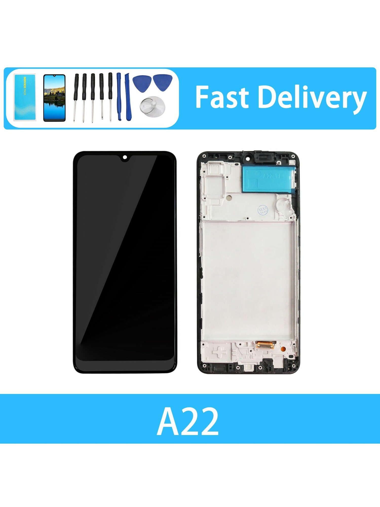 Дисплей для Samsung Galaxy A22 (с рамкой), TFT LCD, 6.4", 720x1600, яркость 350 нит, рамка чёрная
