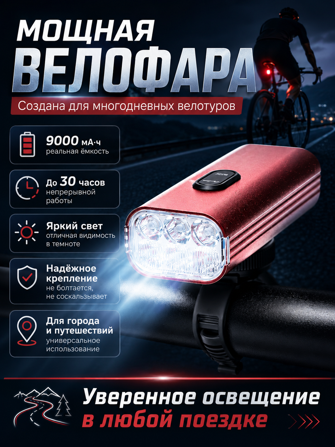 Велосипедный фонарь GLX20 Griplex, LED, аккумуляторный, водонепроницаемый, для ночной езды и городских поездок