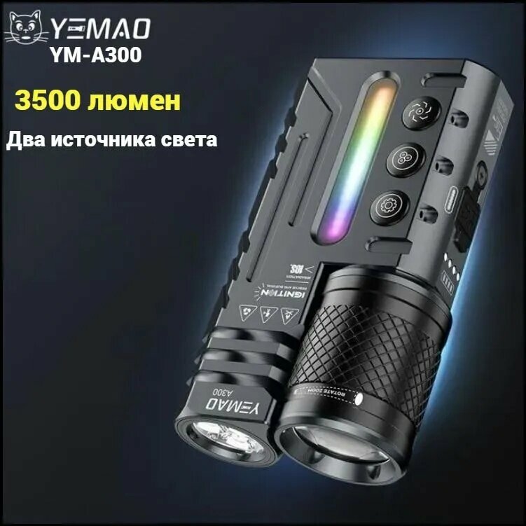Налобный фонарь Yemao YM-A300, мощность 3500 лм, Rgb-подсветка, серебристый