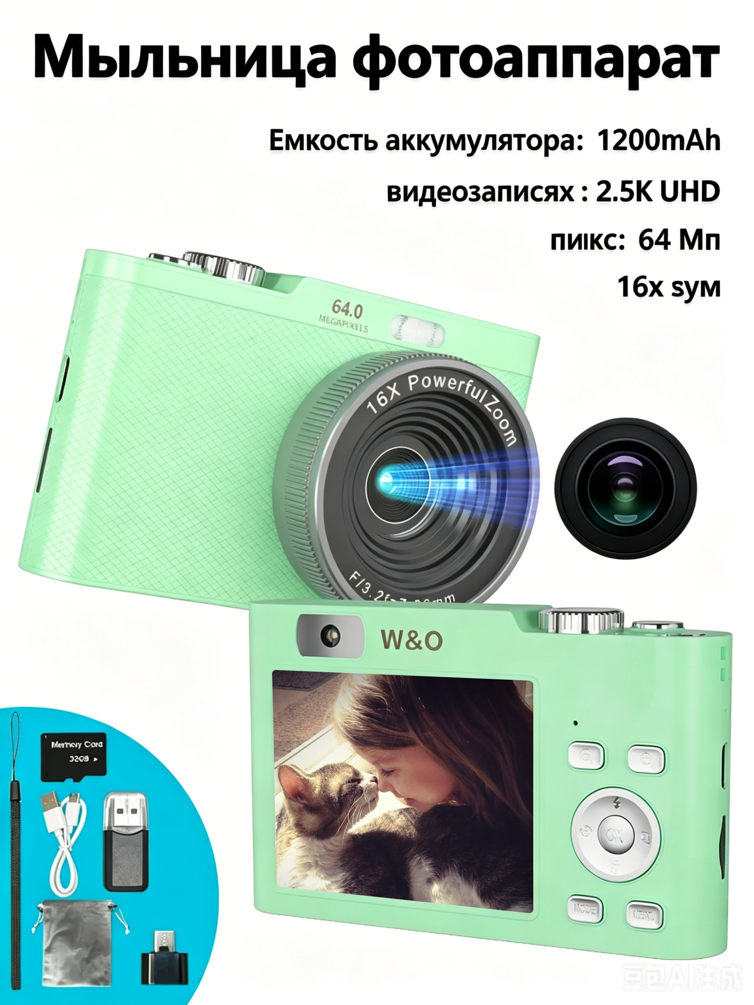 Фотоаппарат цифровой, Можно делать селфи, 16-кратный зум,64Мп, Подарок ко дню рождения, зеленый