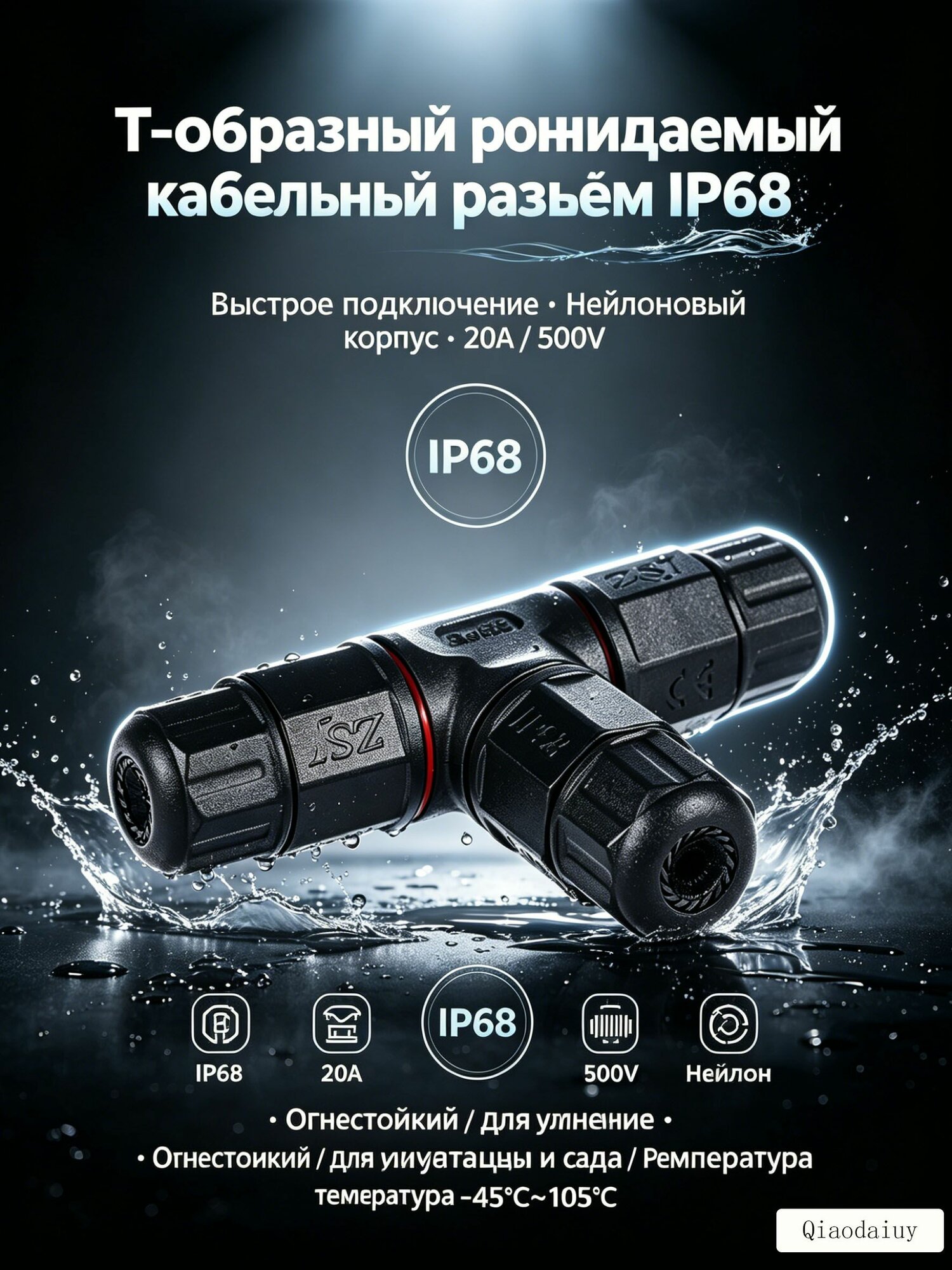 Т-образный водостойкий разъём из нейлона для наружного светодиодного освещения