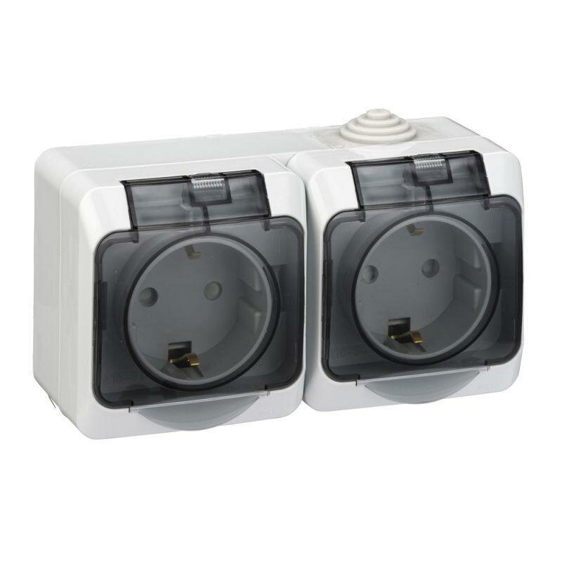 Блок Systeme Electric ОП Этюд IP44 сер. 2-м розетка с заземл. защ. шторки SchE PA16-244C