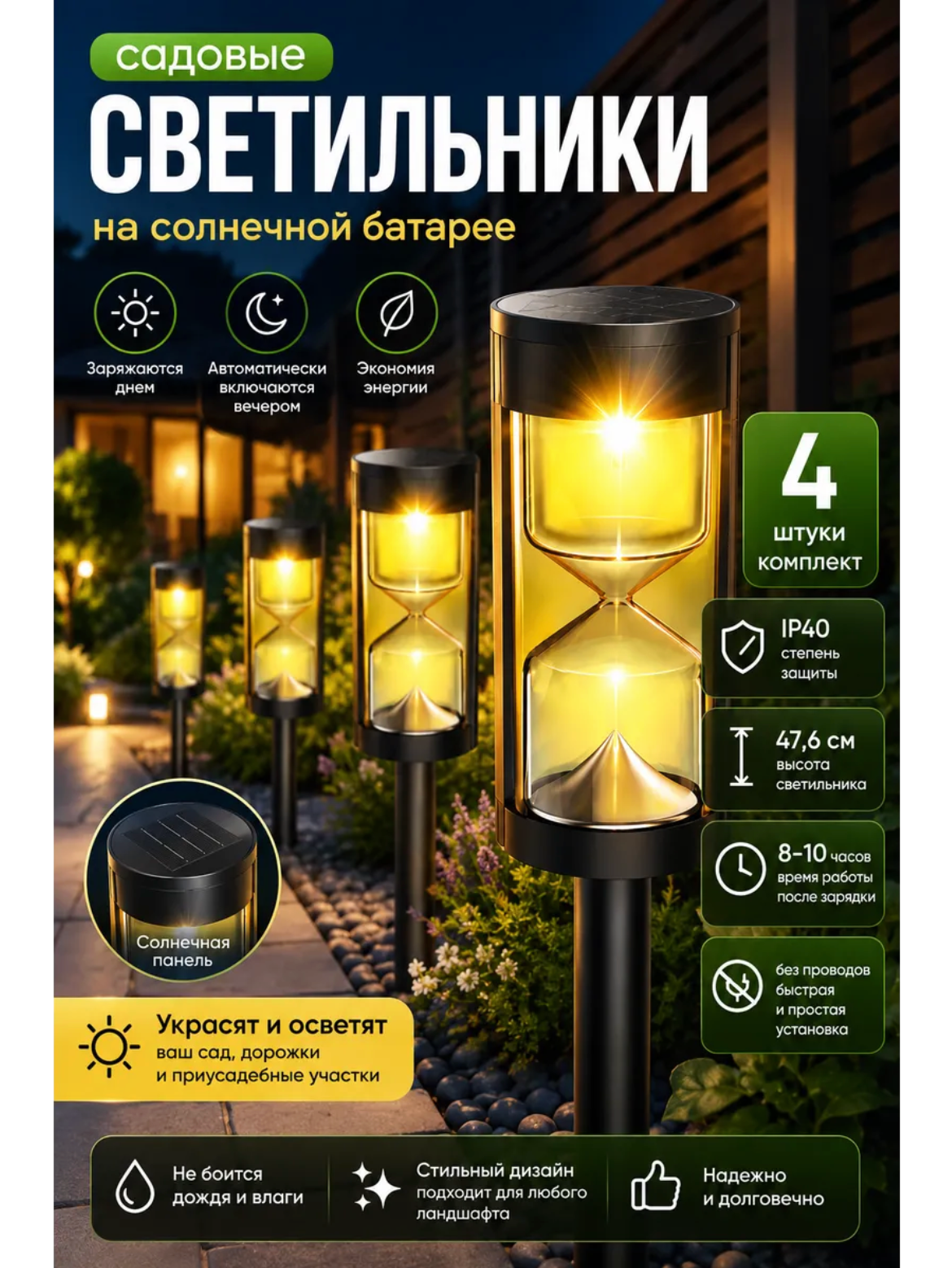 Садовый уличный светильник на солнечной батареи, комплект из 4 штук