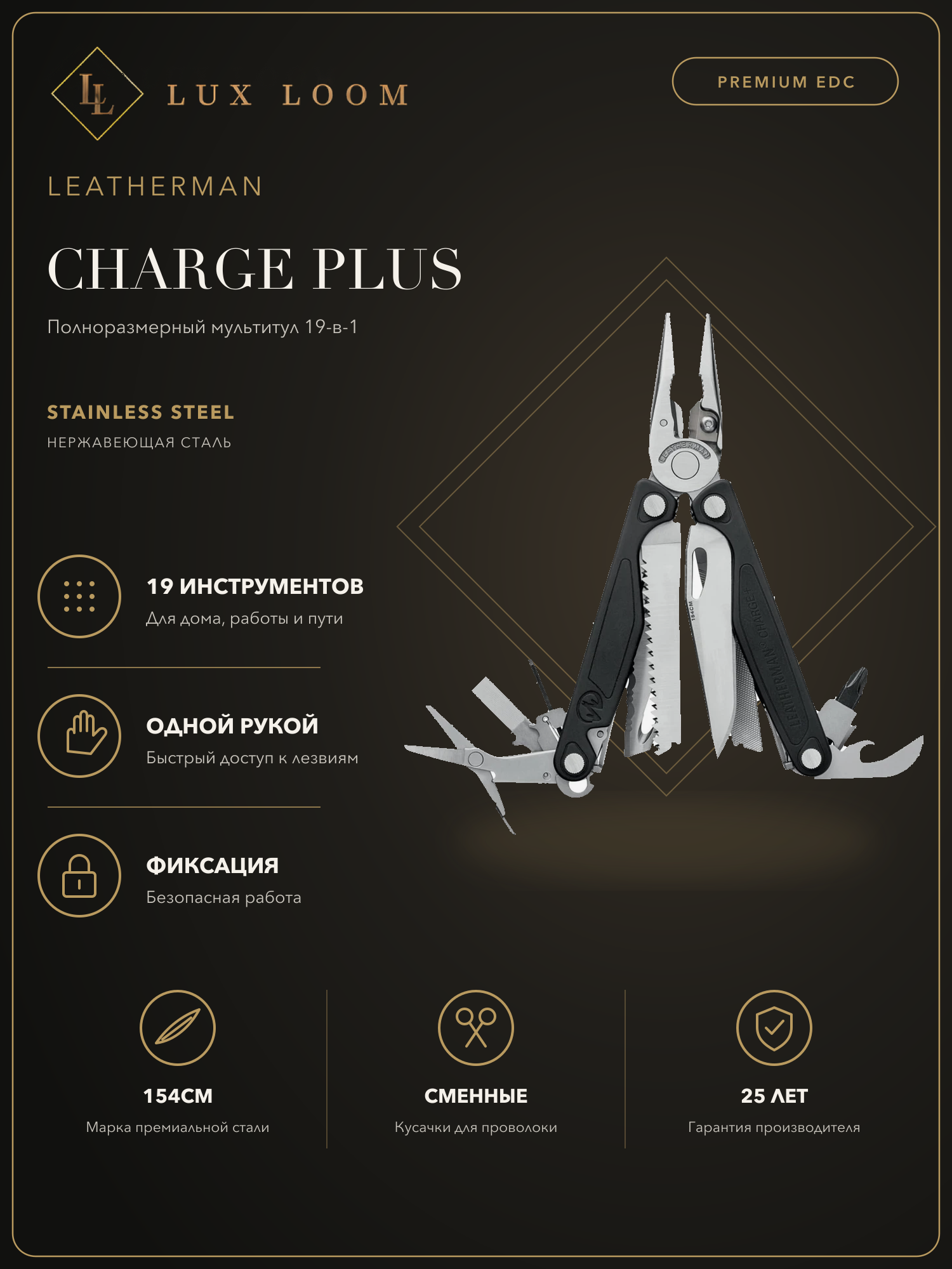 Мультитул Leatherman Charge Plus, 19 инструментов, нож 154CM, нержавеющая сталь, с ножнами