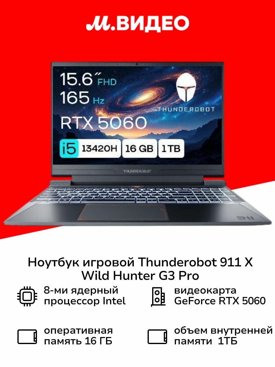Thunderobot 911 X Wild Hunter G3 Pro (JT009K00KRU) Игровой ноутбук 15.6", Intel Core i5-13420H, RAM 16 ГБ, SSD 1000 ГБ, NVIDIA GeForce RTX 5060 (8 Гб), Без системы, (6932066319366), черный, Русская раскладка