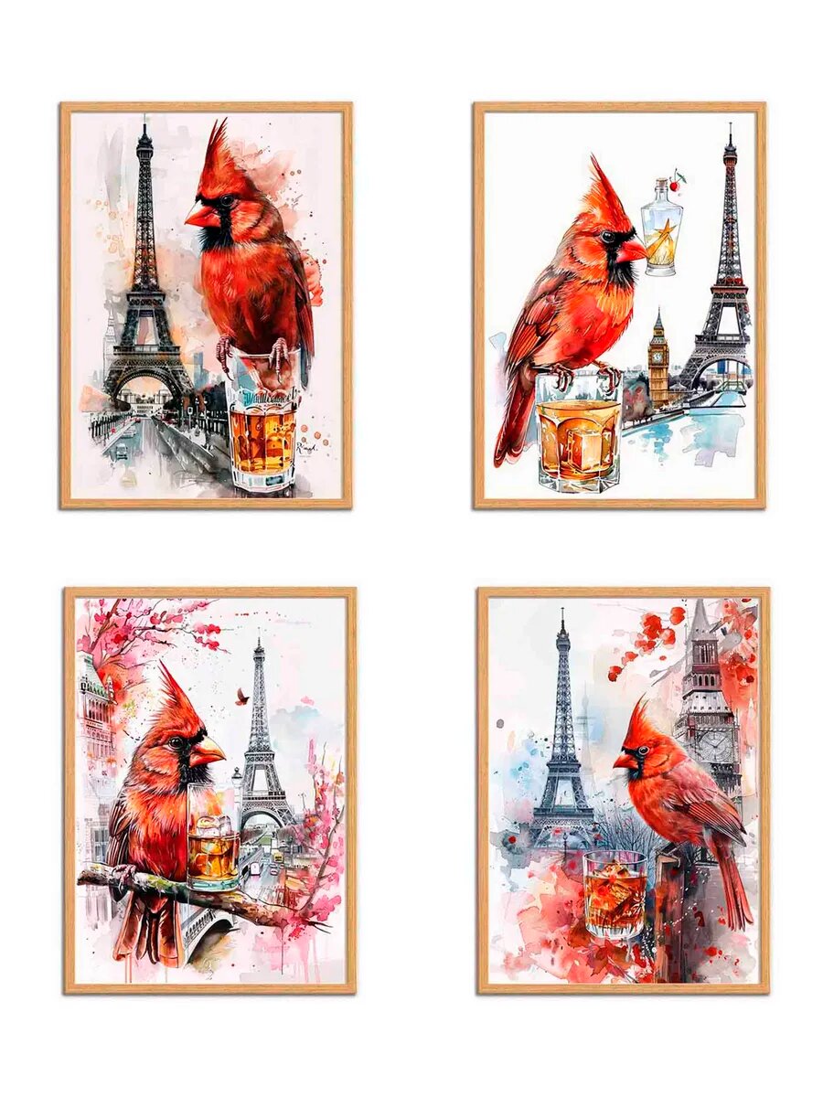 Птица кардинал Пьет Виски, 4 Плаката, 30x21см