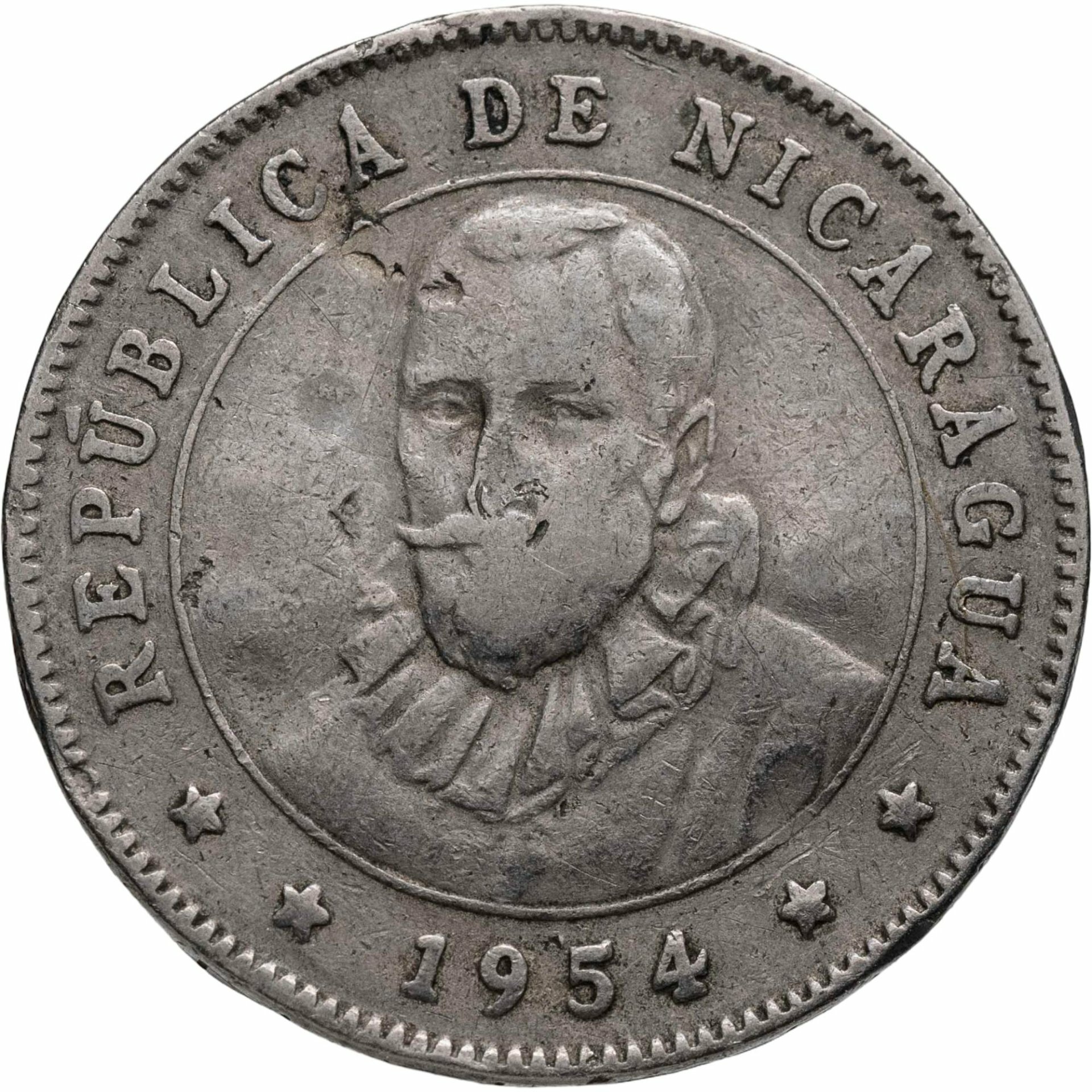 Никарагуа 25 сентаво centavos 1954, Мельхиор медь-никель, в сохранности VF