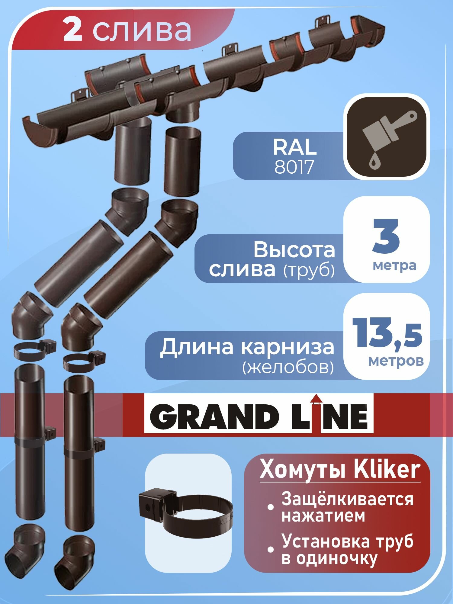 Водосточная система Гранд Лайн Кликер ( длина 13.5 м / высота 3 м) коричневый 2 слива, с хомутами кликер водосток для крыши пластиковый Grand Line ( 120 мм / 90 мм) комплект элементов ПВХ