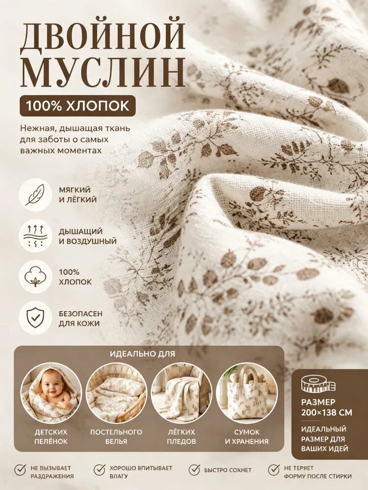 Двухслойный муслин ткань 100% натуральный хлопок 200х138 см для детей, пеленок, постельного белья — фото 1