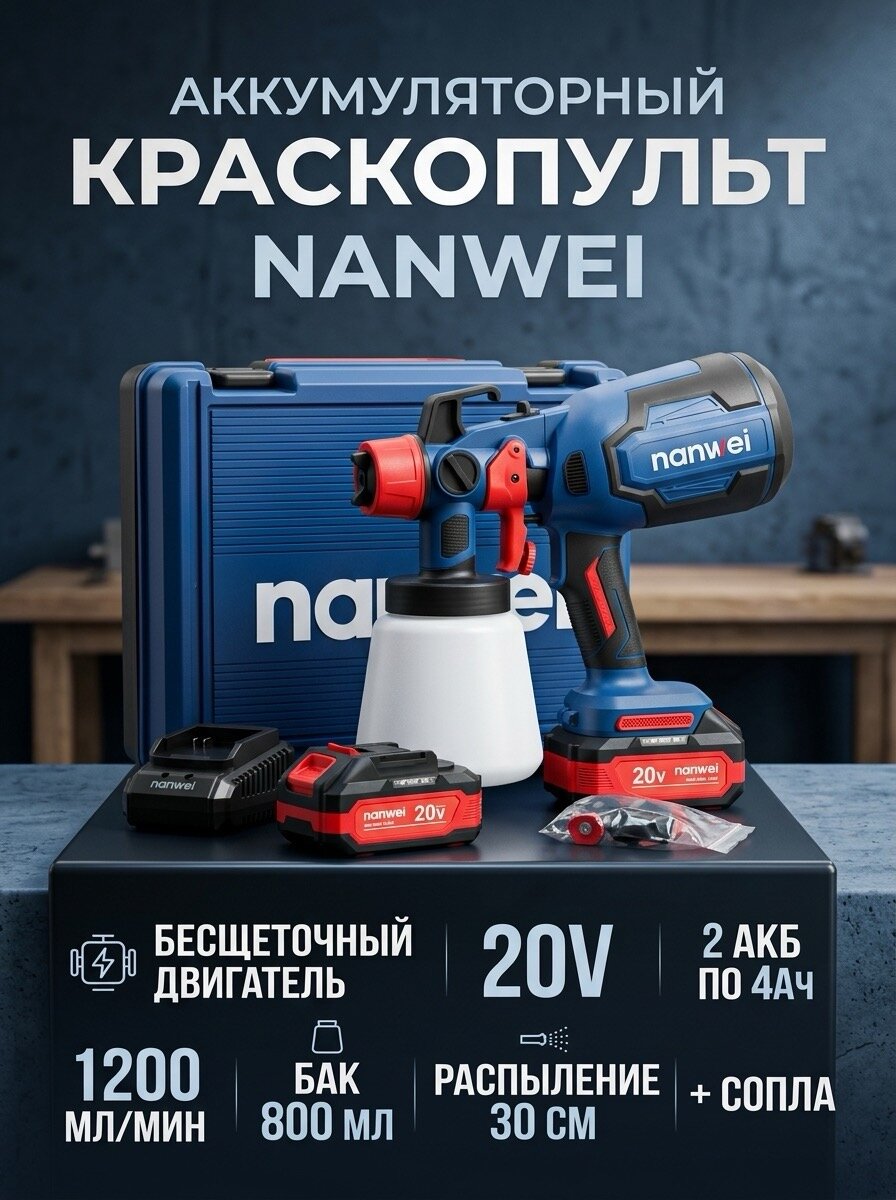 Краскопульт Nanwei аккумуляторный, 20V, 4Ач, бесщеточный, скорость 1200 мл/мин, бак 800 мл, радиус 30 см, NW-PG885