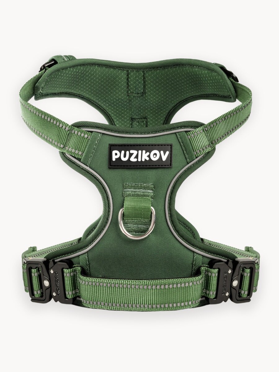 Шлейка для собак с фиксаторами из металла и мягкой ручкой, размер L, зеленый, PUZIKOV / пузиков