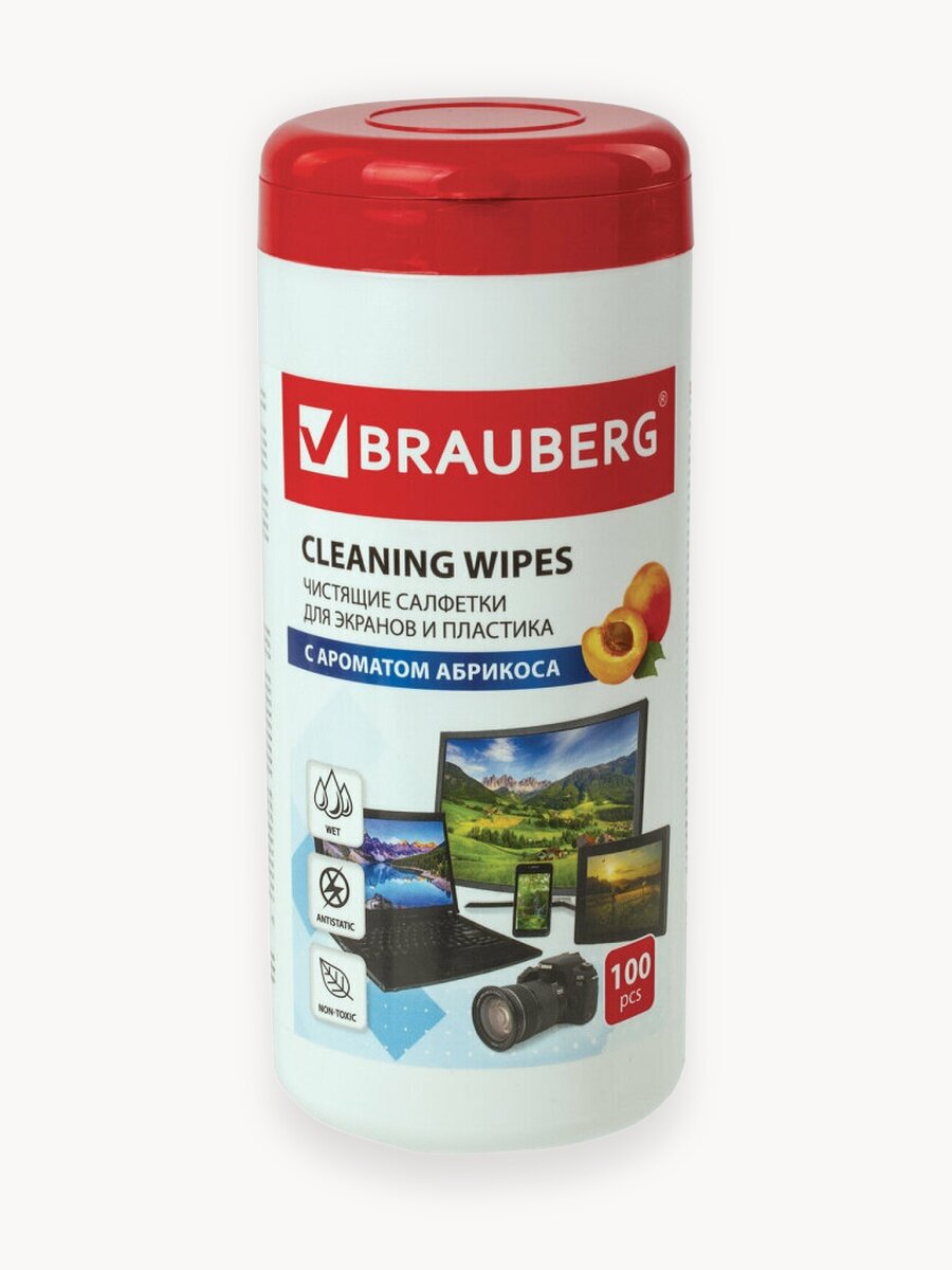 Салфетки для экранов всех типов и пластика Brauberg с ароматом Абрикос, туба 100 шт, влажные, 513321