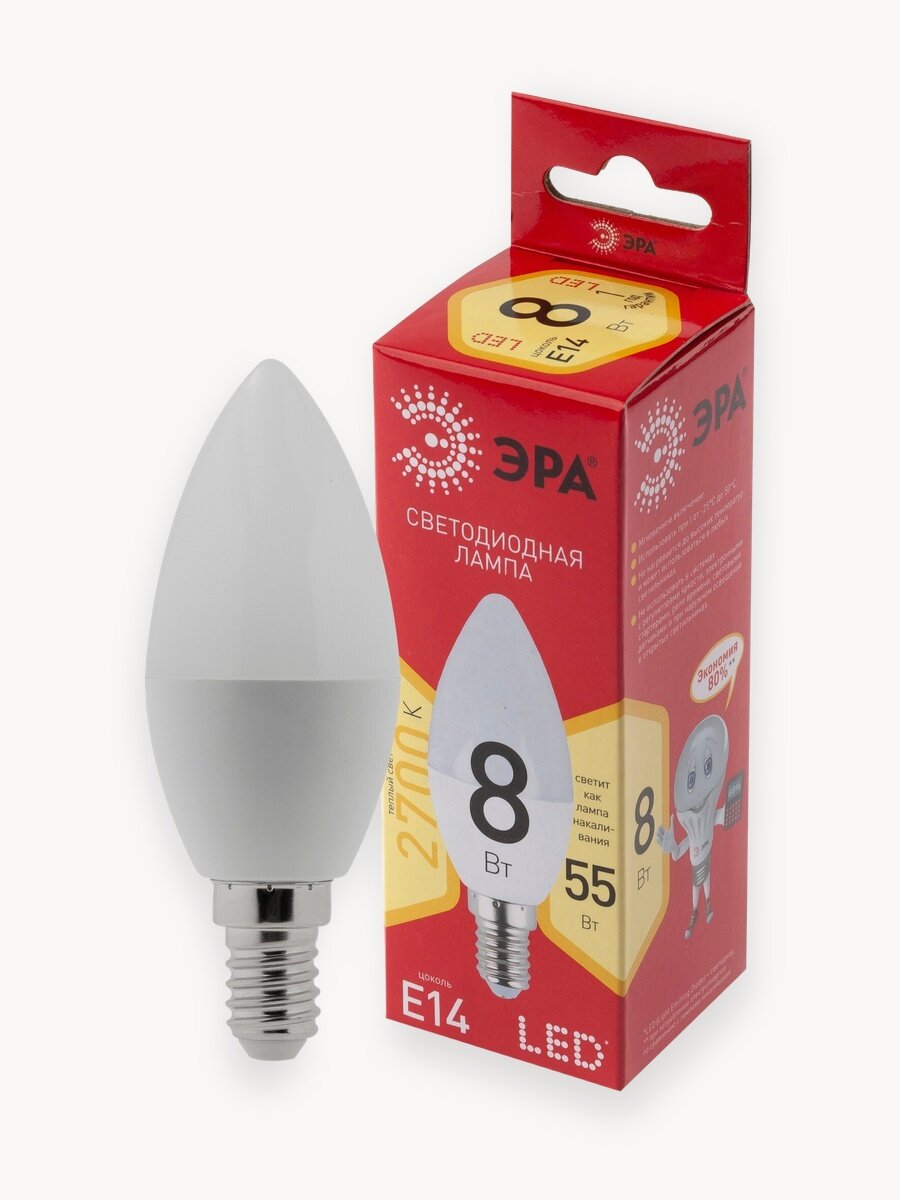 Лампочка светодиодная ЭРА LED Е14 B35 8Вт свеча 2700К теплый белый свет, 1 шт