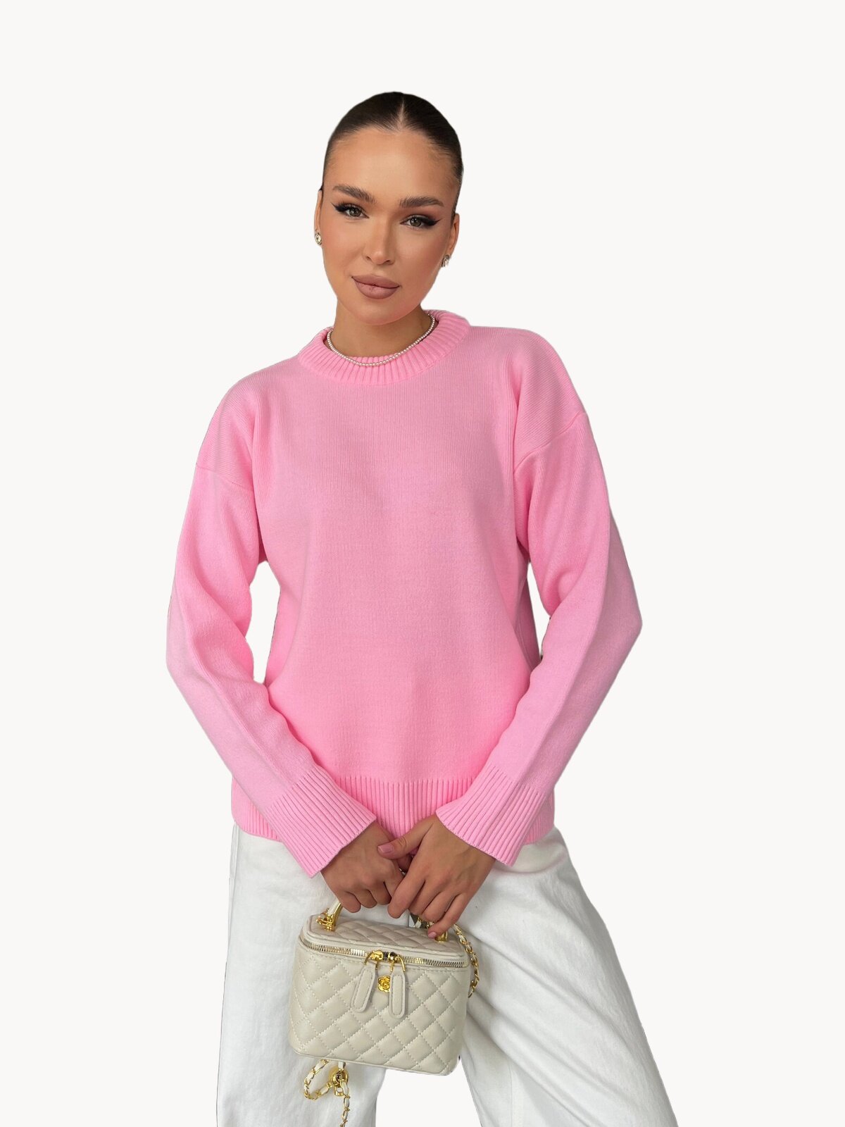 Свитер  Свитер укороченный, джемпер, вязаный, прямой, розовый