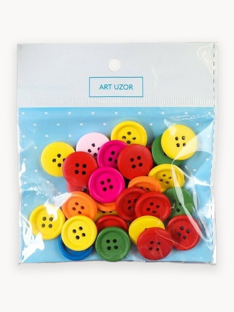 Пуговки для творчества "Деревянные яркие" - цветные ассорти - пуговицы декоративные для рукоделия разноцветные, 18 мм набор 30 штук