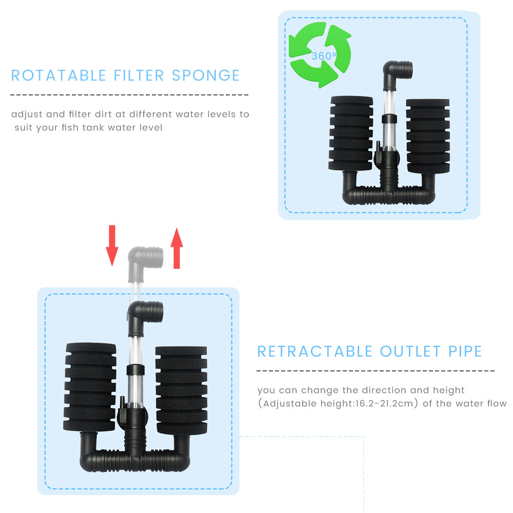 Аквариумный фильтр-губка с воздушным приводом, двойная биохимическая губка, бесшумная фильтрация, аэрация, культивирование нитробактерий, регулируемый, 16,2–21,2 см