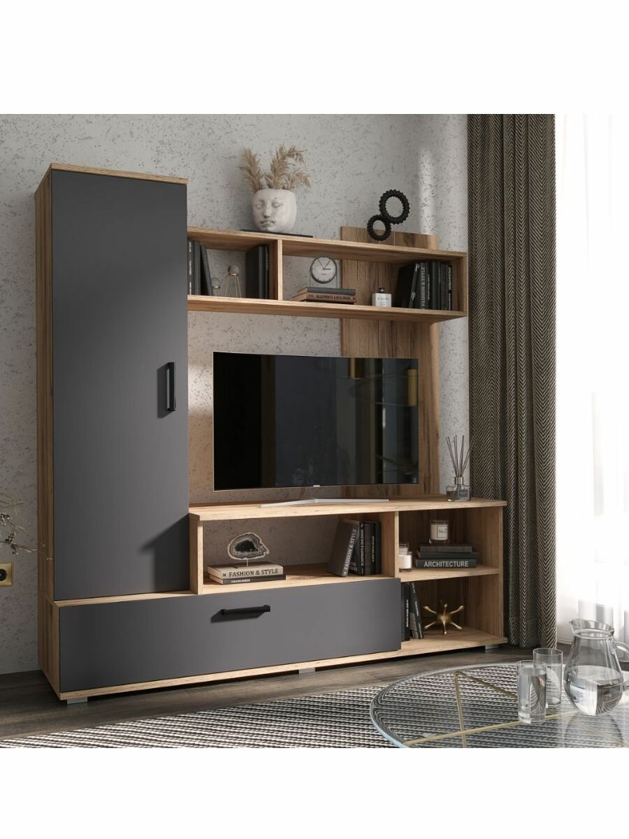 Гостиная Мини ЛДСП 1500х1520х440, Дуб крафт/Графит, МИФ