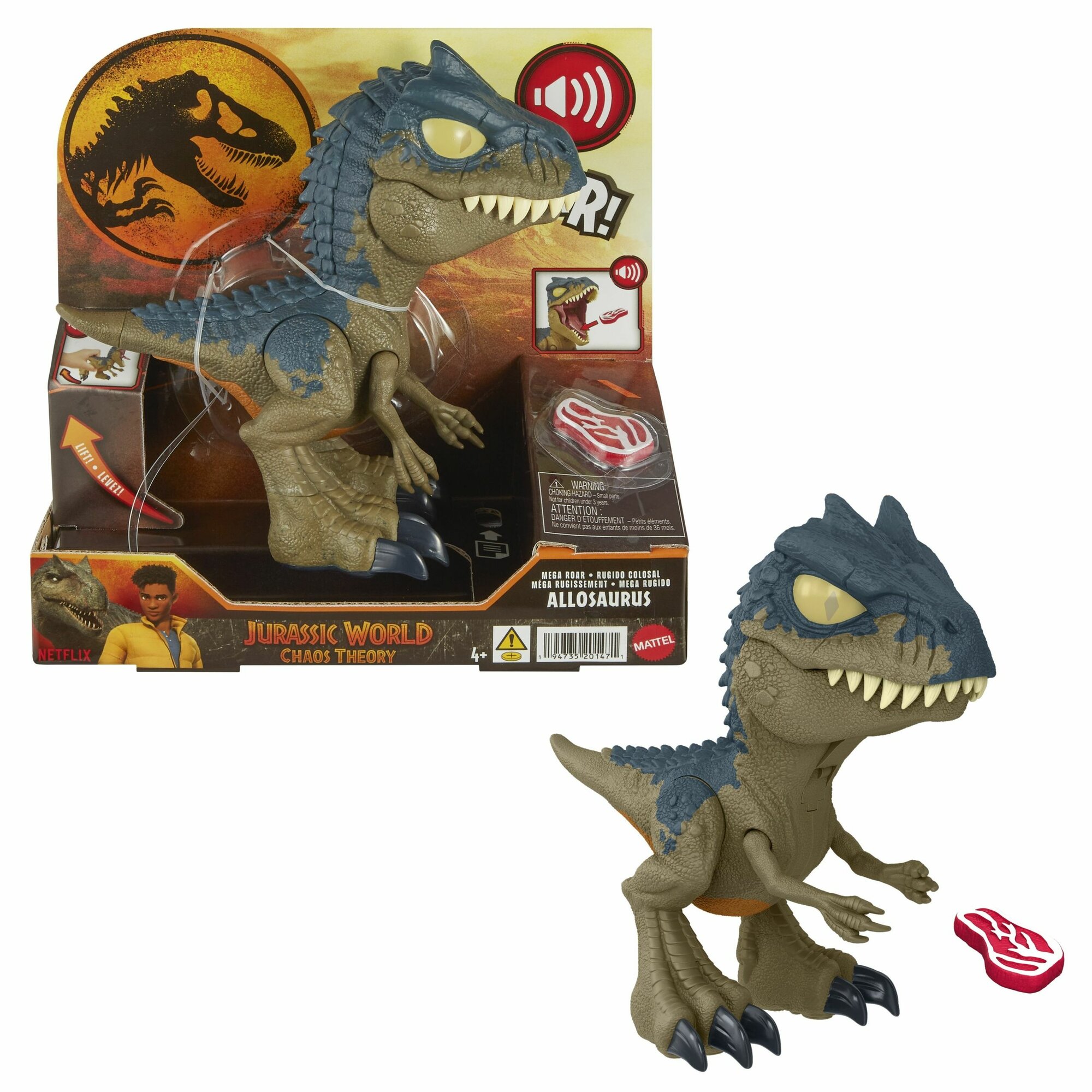 Фигурка Динозавра Mattel Jurassic World - Фигурка динозавра Аллозавра Теория хаоса, со звуком - Мир Юрского периода HBV45