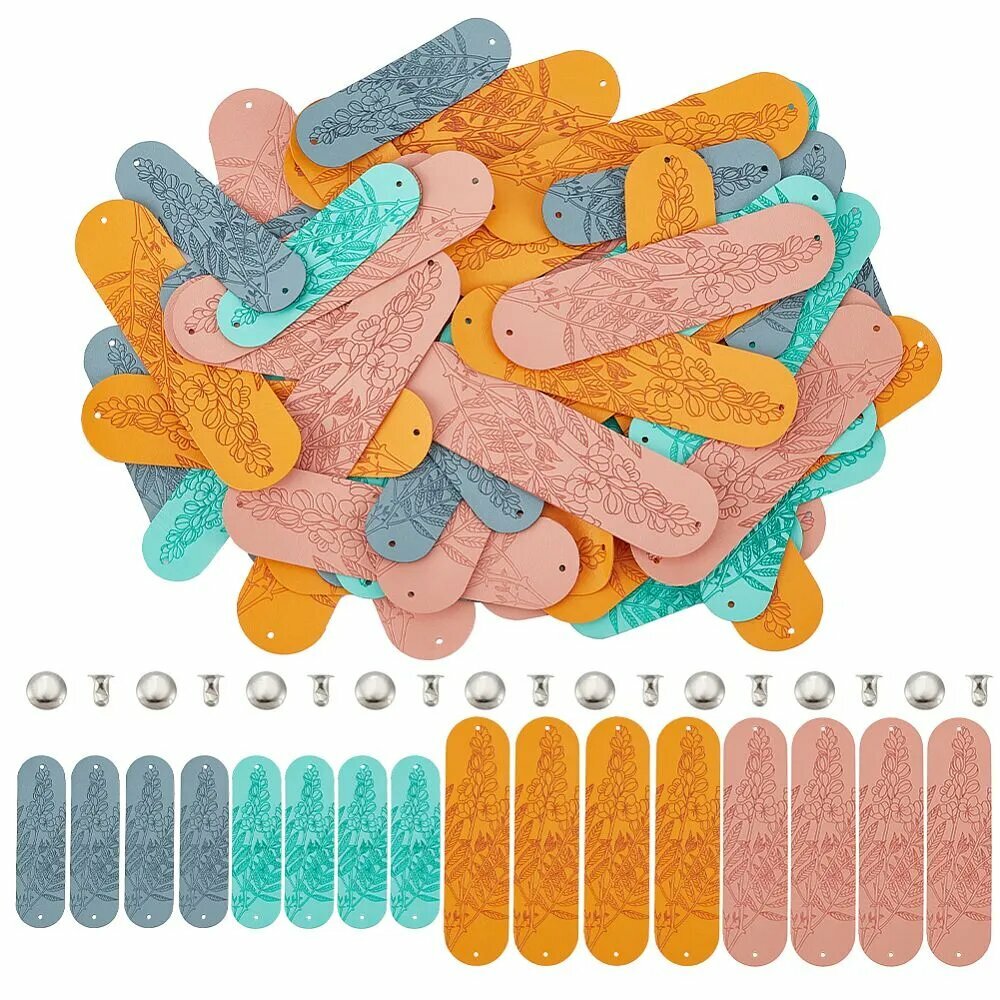 56 комплектов 4 стилей. Этикетки из искусственной кожи. Тисненые бирки ручной работы с отверстиями для самостоятельного изготовления джинсов, сумок, обуви, головных уборов, аксессуаров. Разноцветные.