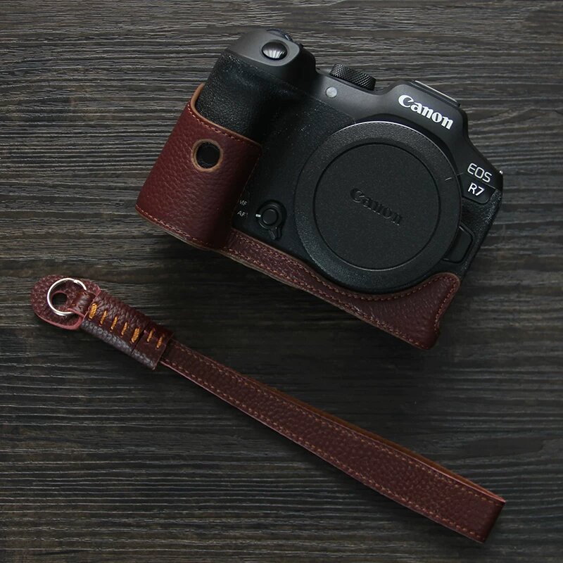 Винный оттенок, кожаный чехол с подставкой и ремешком для Canon EOS R7 из второслойной кожи