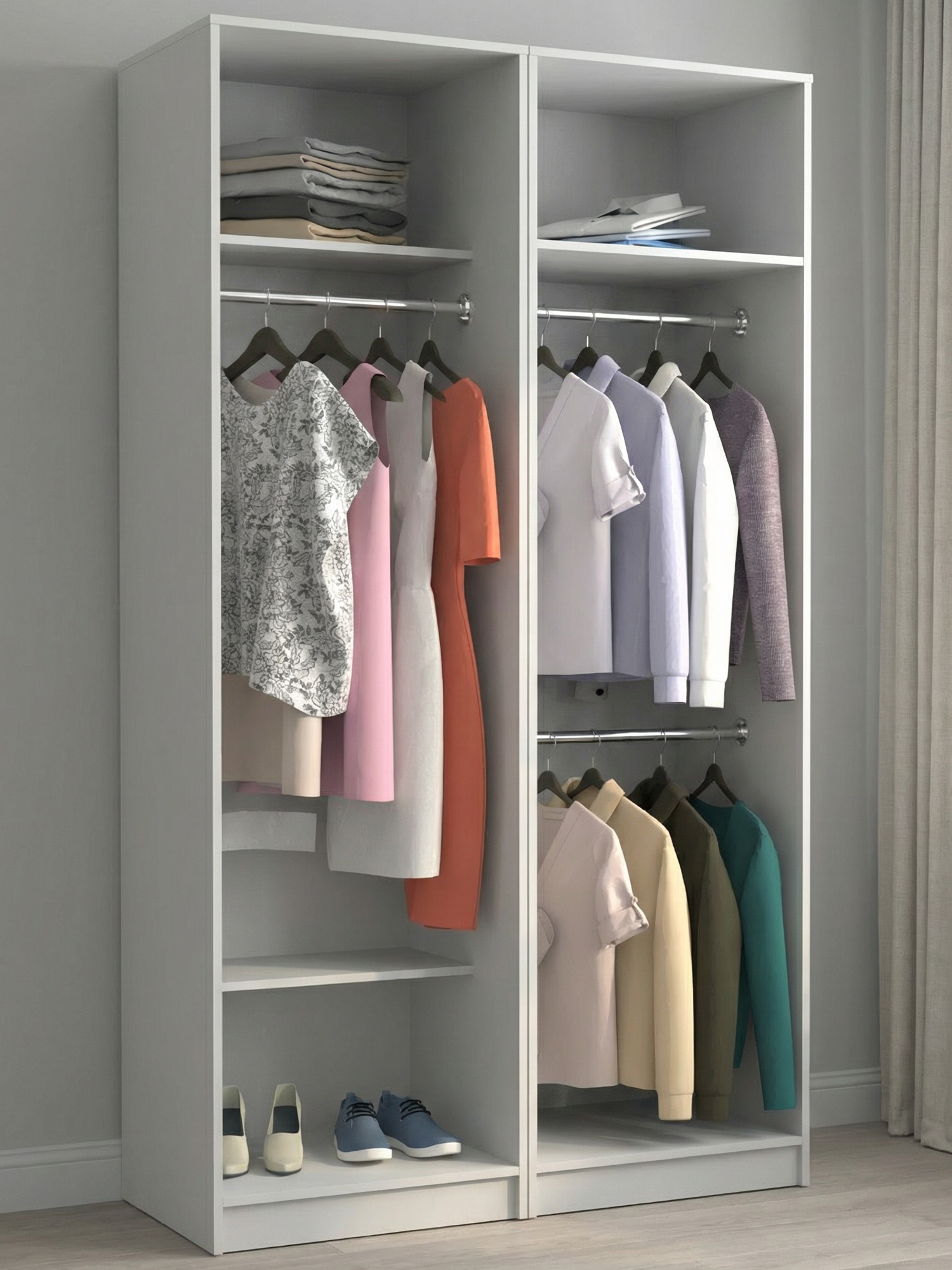 Открытый гардеробный шкаф Макс-11 с 3 штангами для вешалок и 3 полками, ШхГхВ: 120х50х210 см, белый