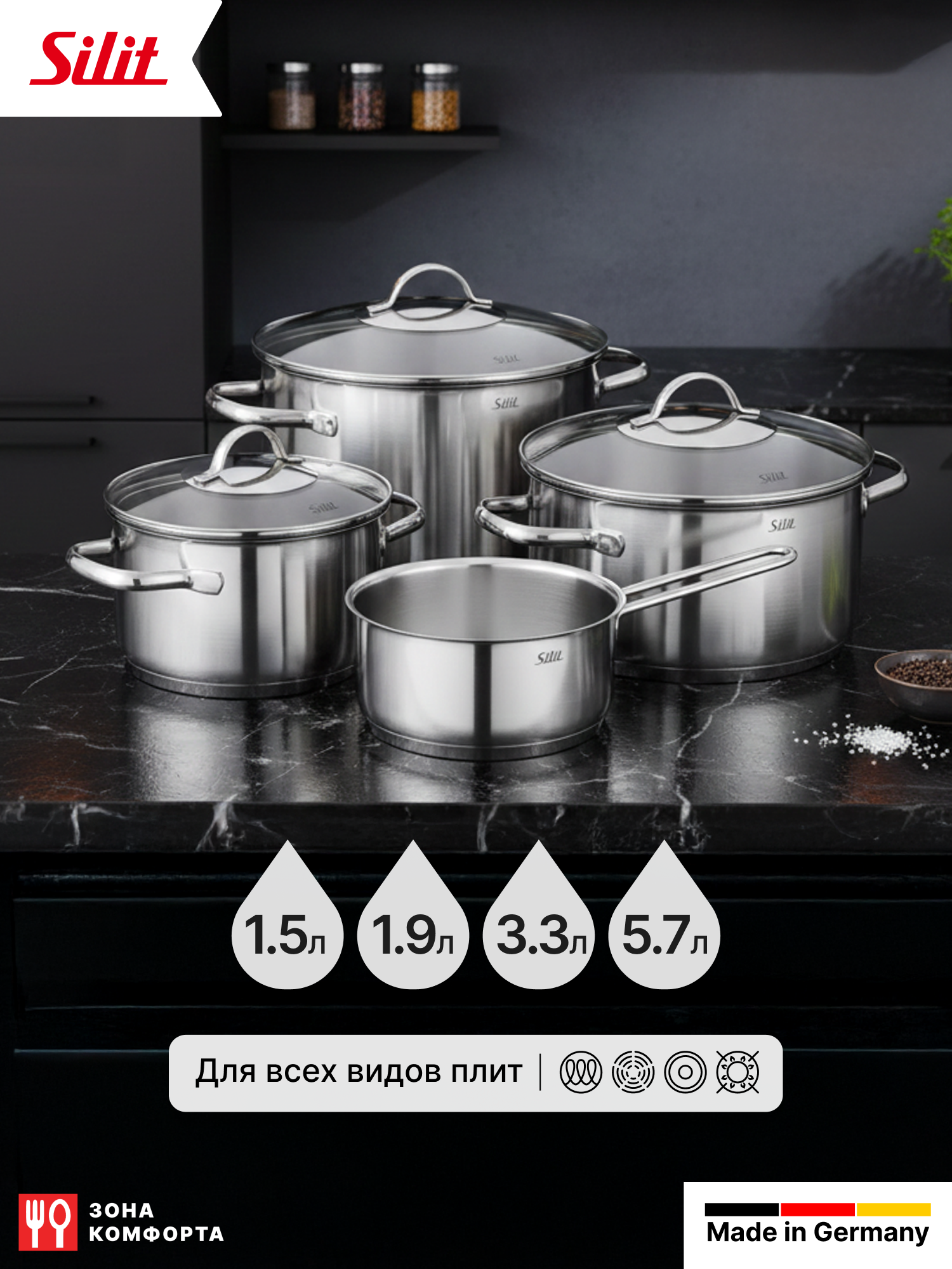 Набор кастрюль Silit Achat Topf-Set из 4 предметов, со стеклянной крышкой