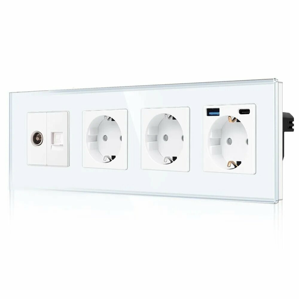 Pозетка на 4 столба с доступом в Интернет, CAT6, разъем USB A/TYPE-C, закаленное стекло, цвет белый